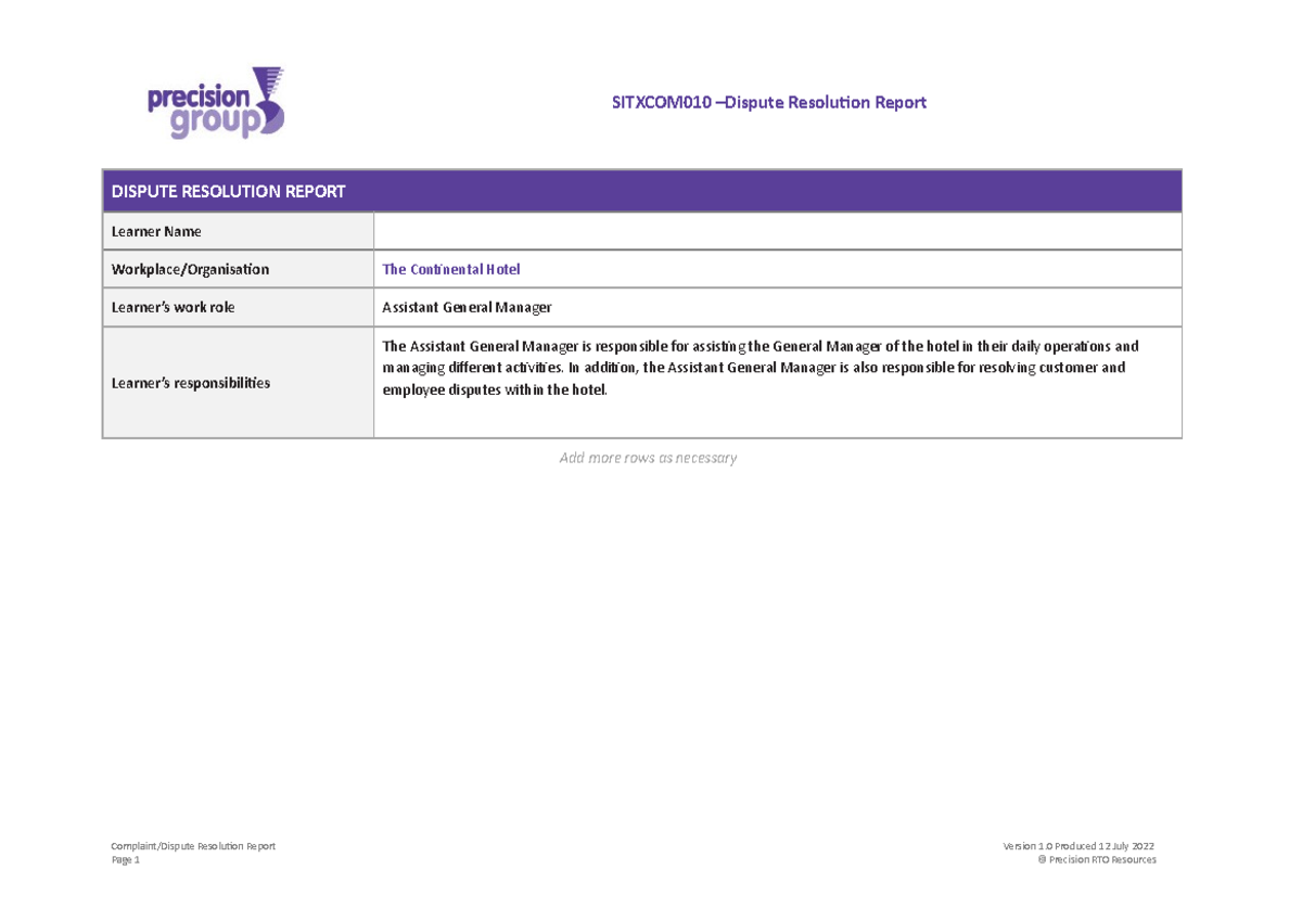 Employee Dispute Report 1 - SITXCOM010 –Dispute Resolution Report DISPUTE RESOLUTION REPORT ...