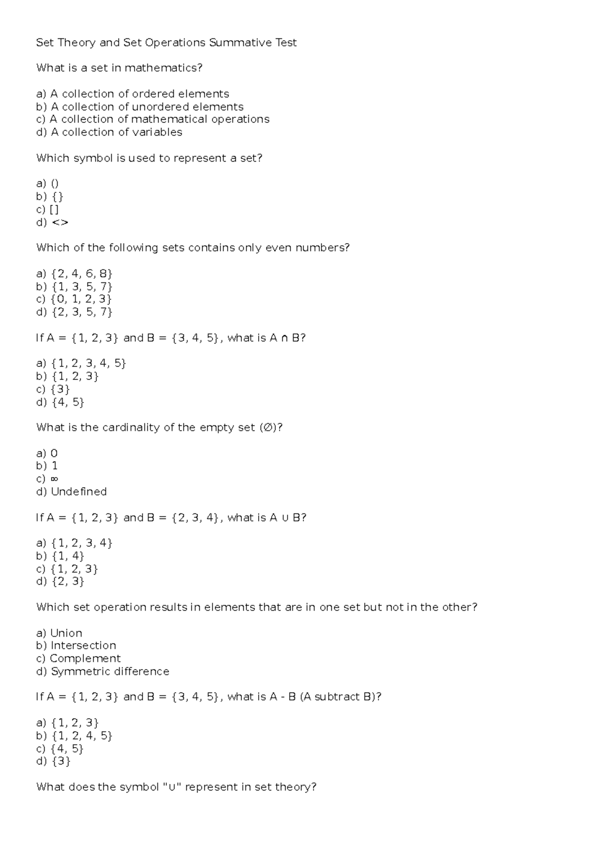 Summative Test - None - Set Theory and Set Operations Summative Test ...