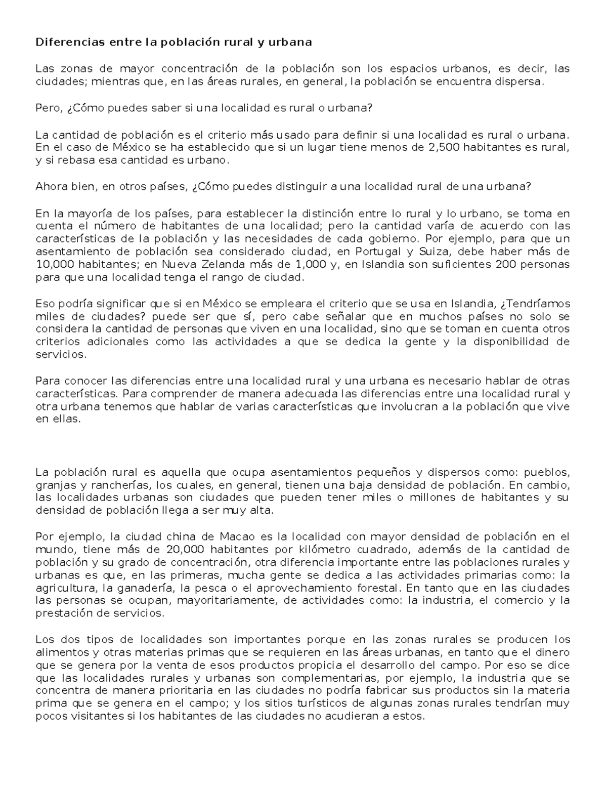 Diferencias entre la población rural y urbana - Pero, ¿Cómo puedes ...
