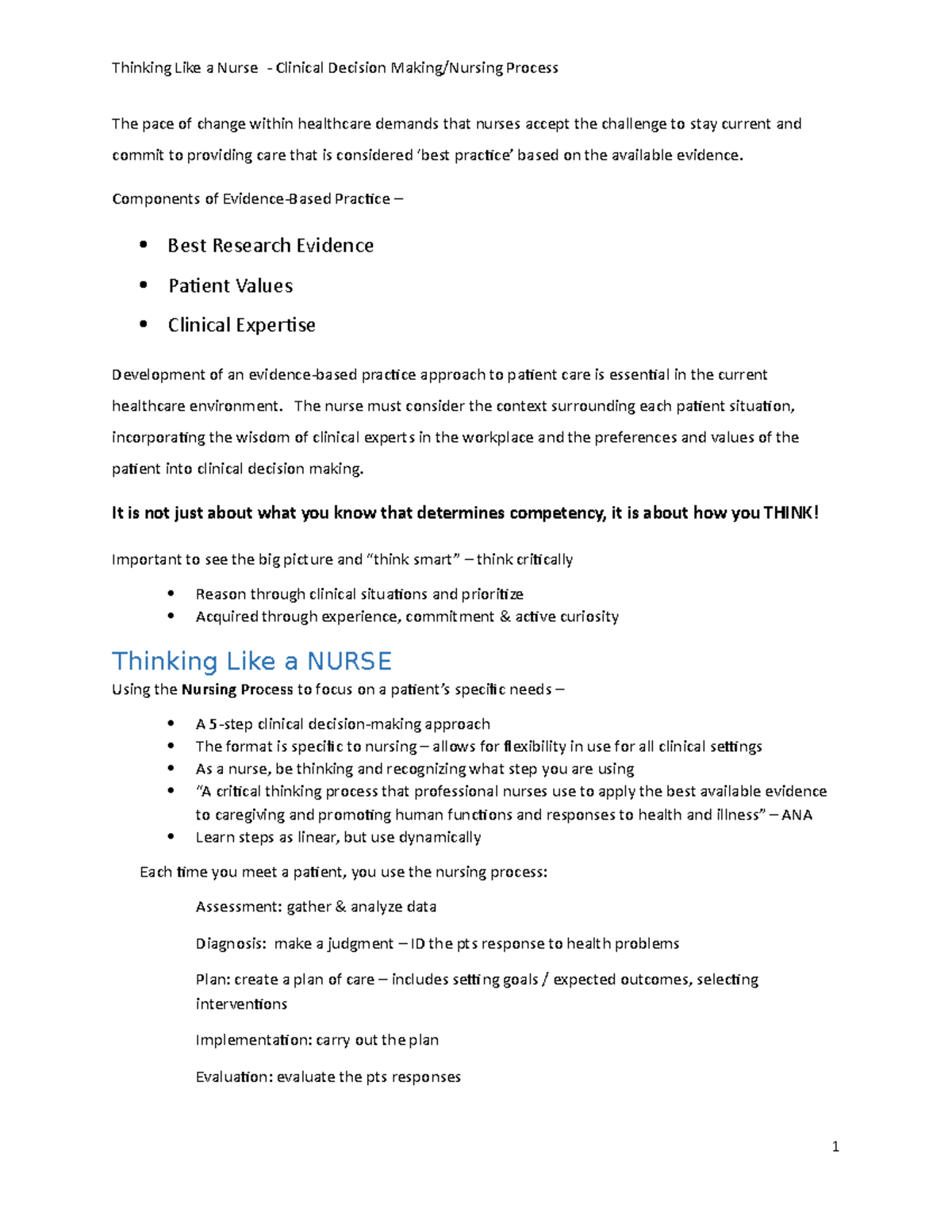 Clin Judg and Nursing Process Notes outline REV SM21-3 - The pace of ...