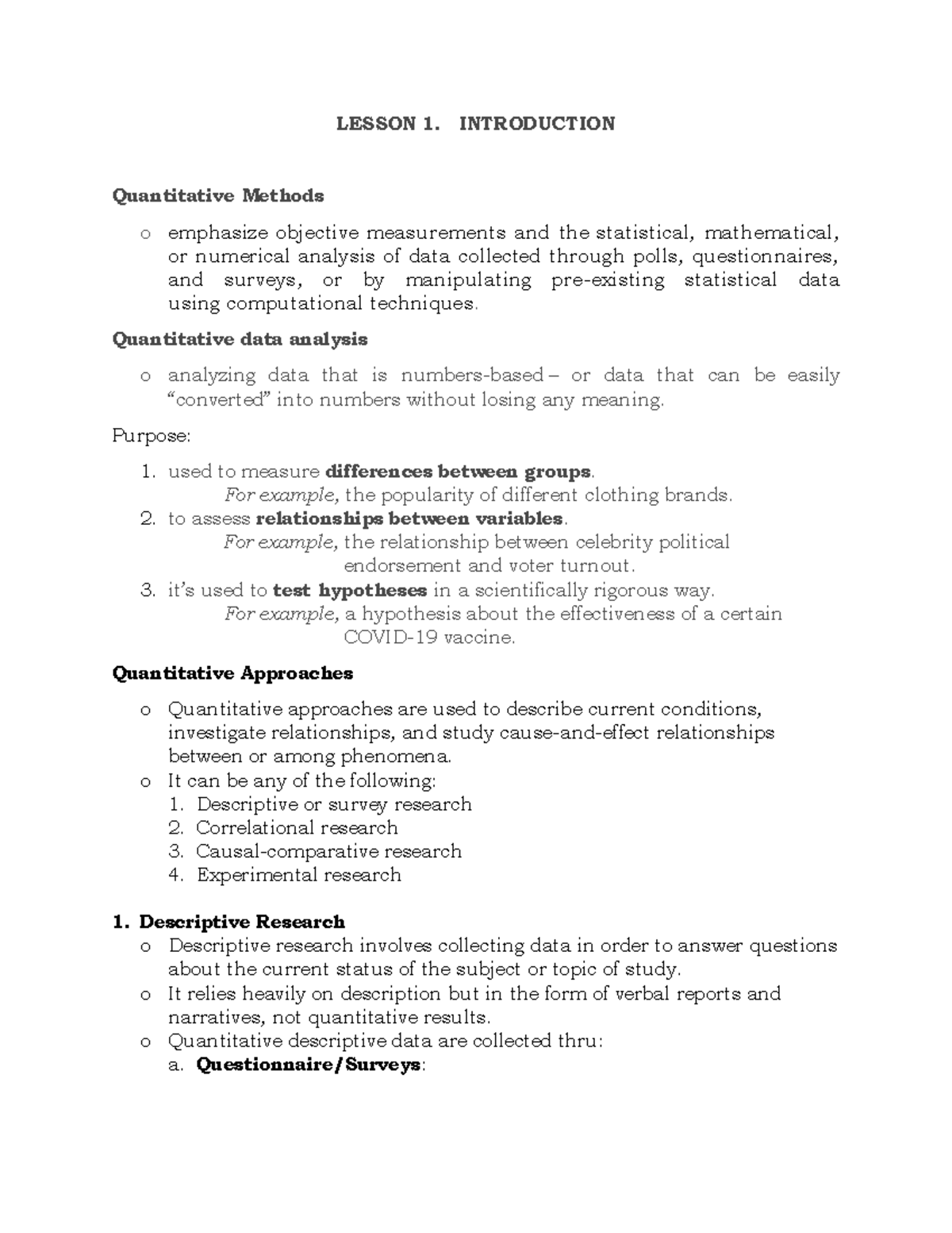 Lesson 1. Introduction - LESSON 1. INTRODUCTION Quantitative Methods o ...