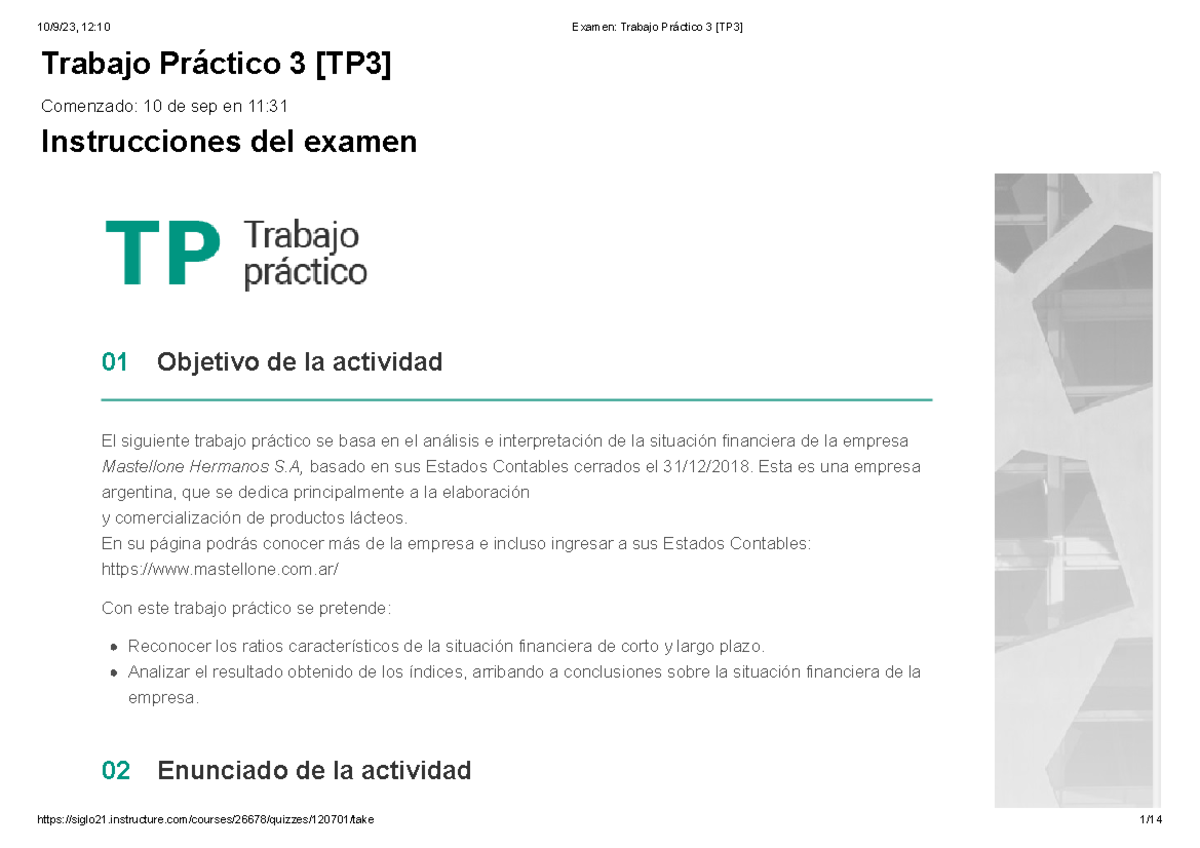 Examen Trabajo Práctico 3 [TP3] Conta 90% - Trabajo Práctico 3 [TP3] Comenzado: 10 de sep en 11 ...