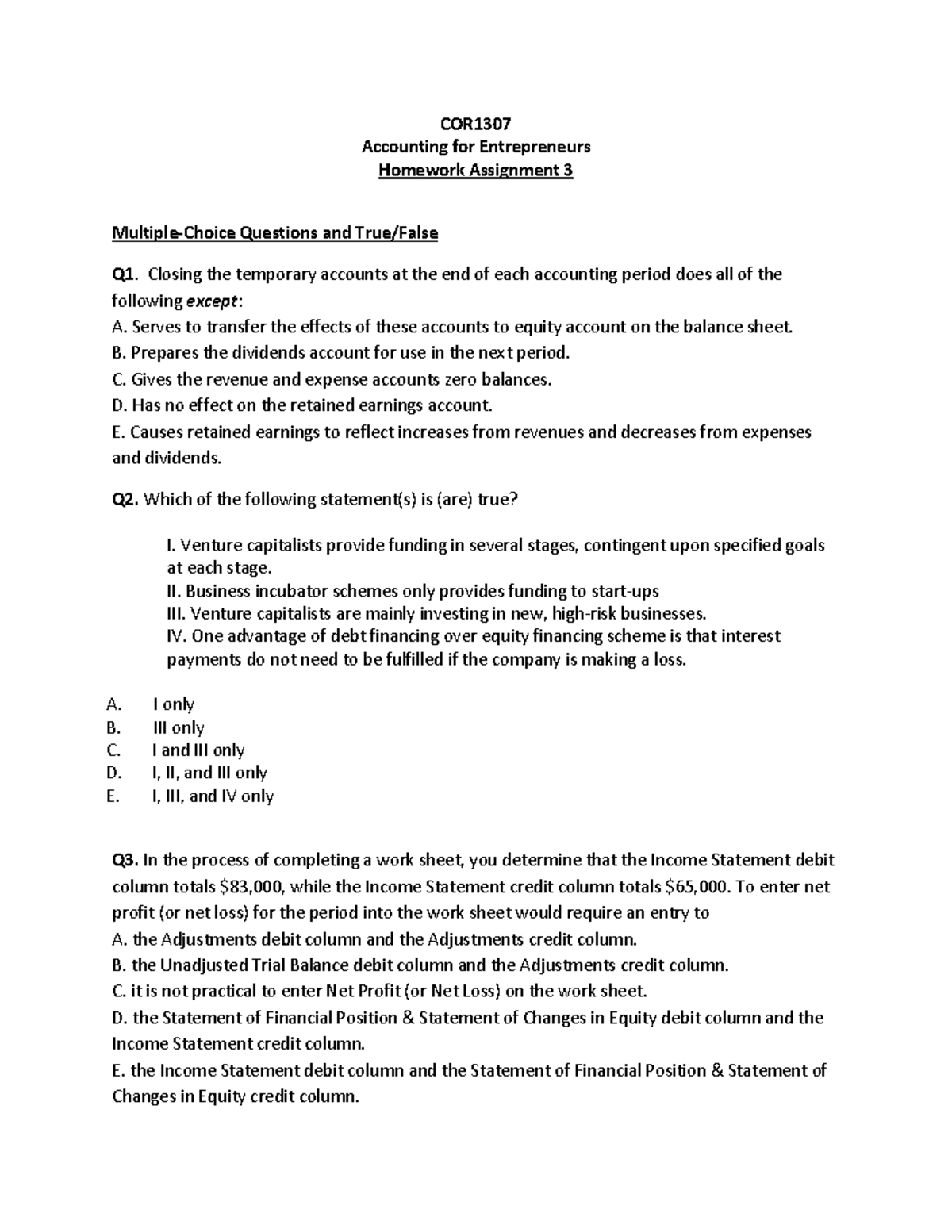 Homework 3 - HW3 - COR Accounting for Entrepreneurs Homework Assignment ...