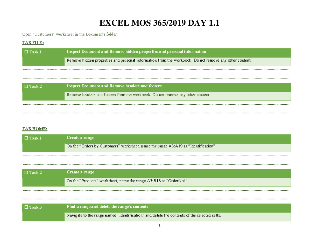 DAY 1 - Tin học MOS - 1 EXCEL MOS 365/2019 DAY 1. Open “Customers ...