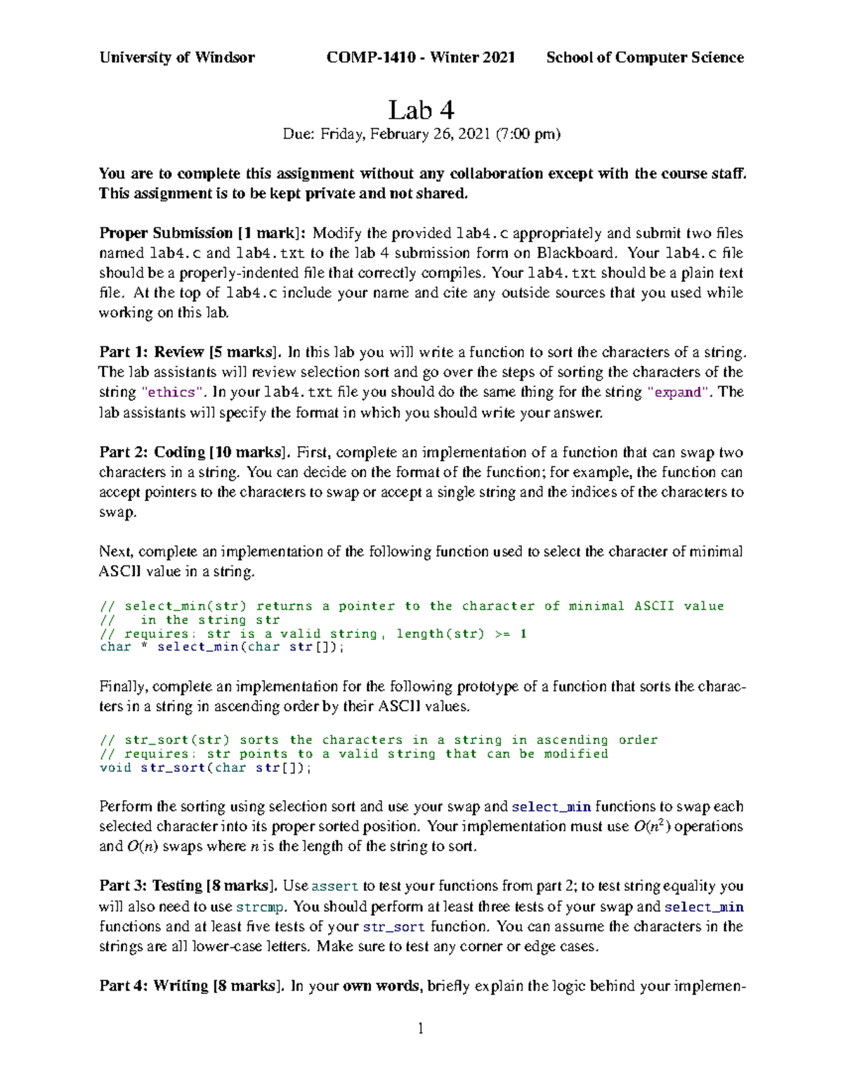 Lab4 - Mandatory - University of Windsor COMP-1410 - Winter 2021 School ...