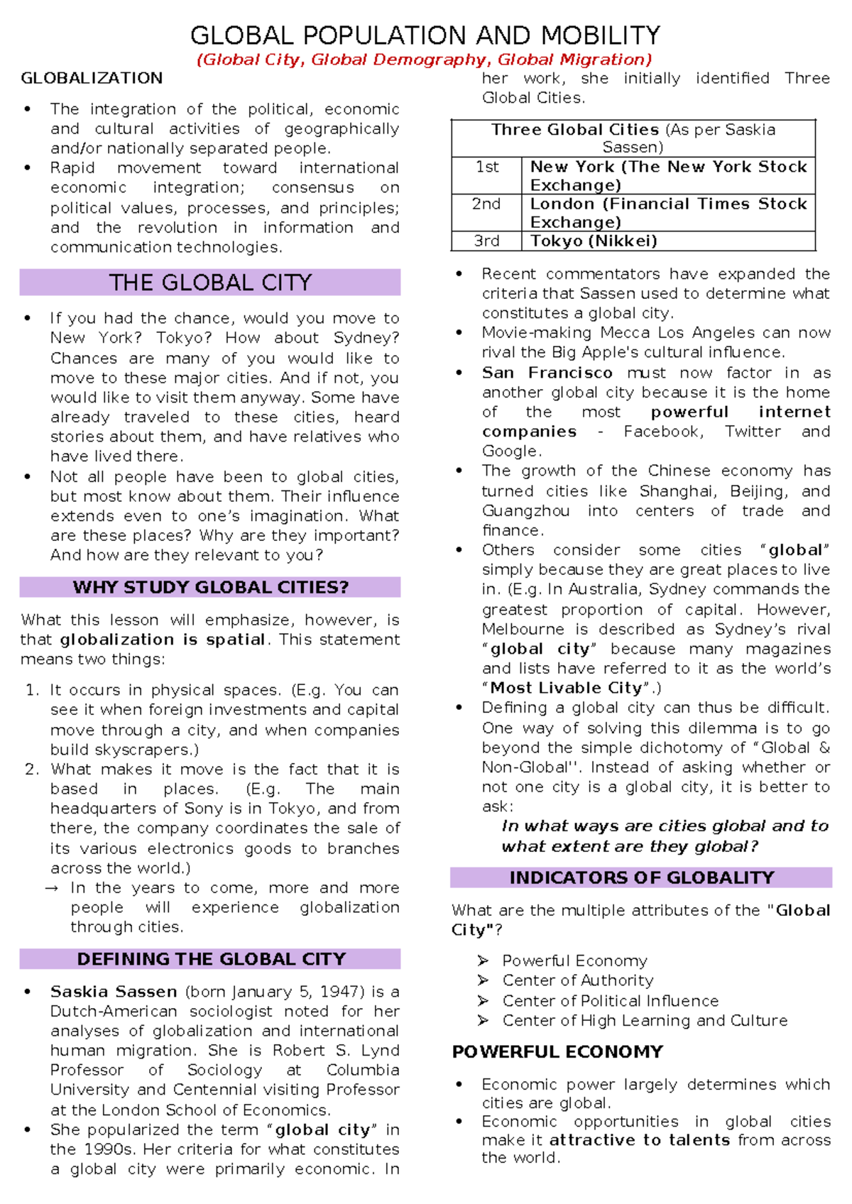 Global Population AND Mobility Handouts - GLOBAL POPULATION AND ...