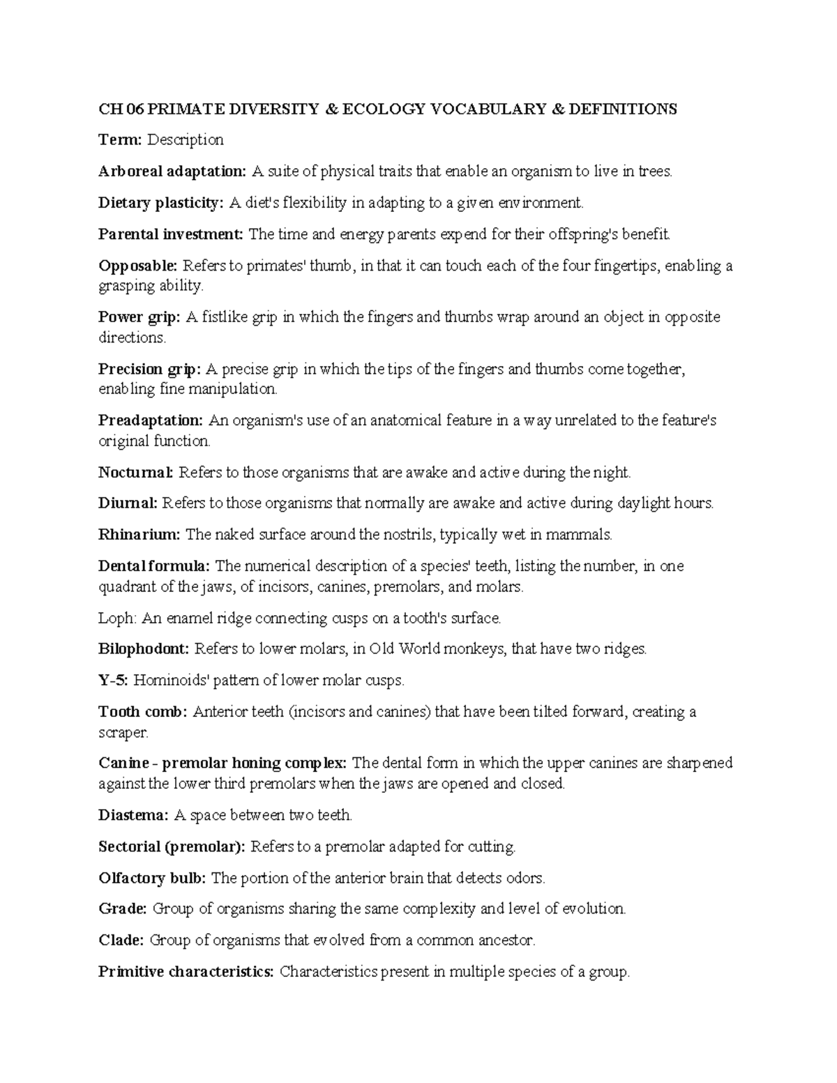 CH 06 Primate Diversity Vocabulary Definitions - CH 06 PRIMATE ...