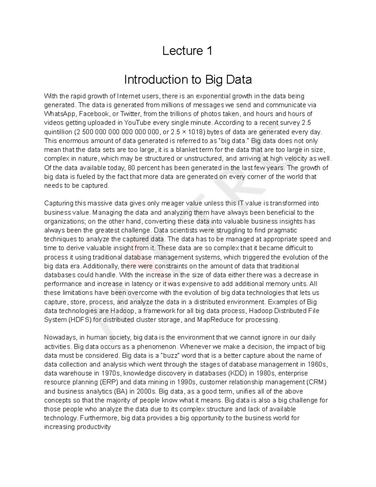 Big Data Unit 1 Bda Unit Wise Notes Lecture 1 Introduction To Big Data With The Rapid Growth