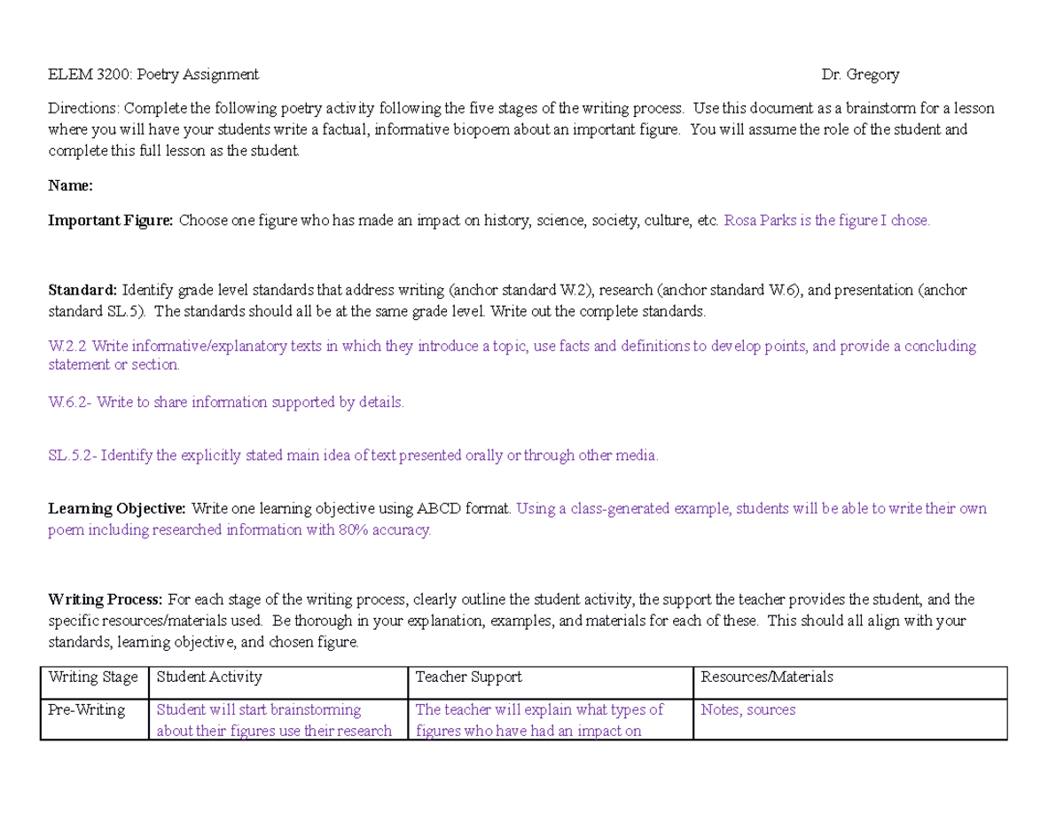 ELEM 3200 Poetry Writing Assignment Spring 2021 - ELEM 3200: Poetry ...