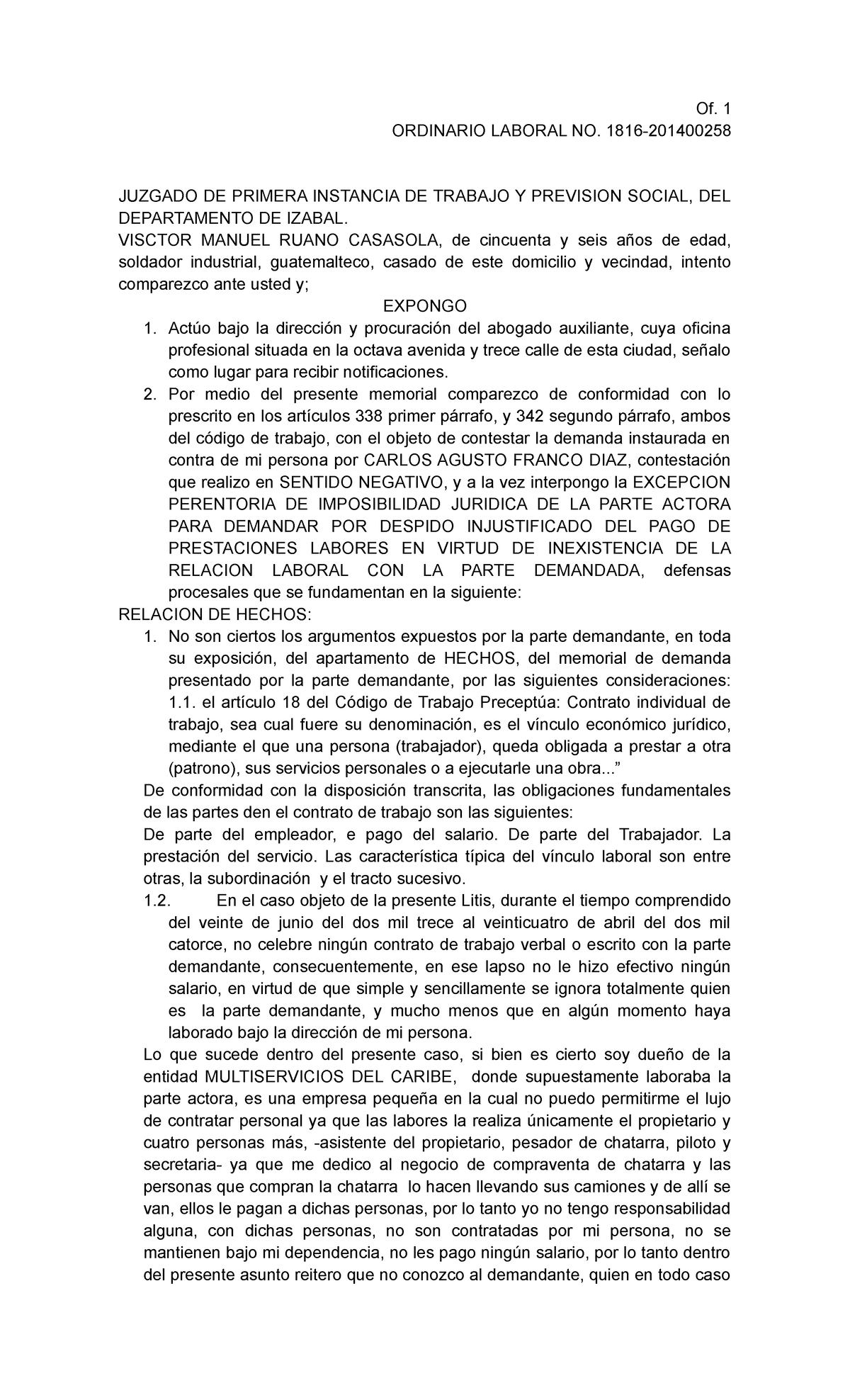 Excepciones- Perentorias - Of. 1 ORDINARIO LABORAL NO. 1816- JUZGADO DE ...