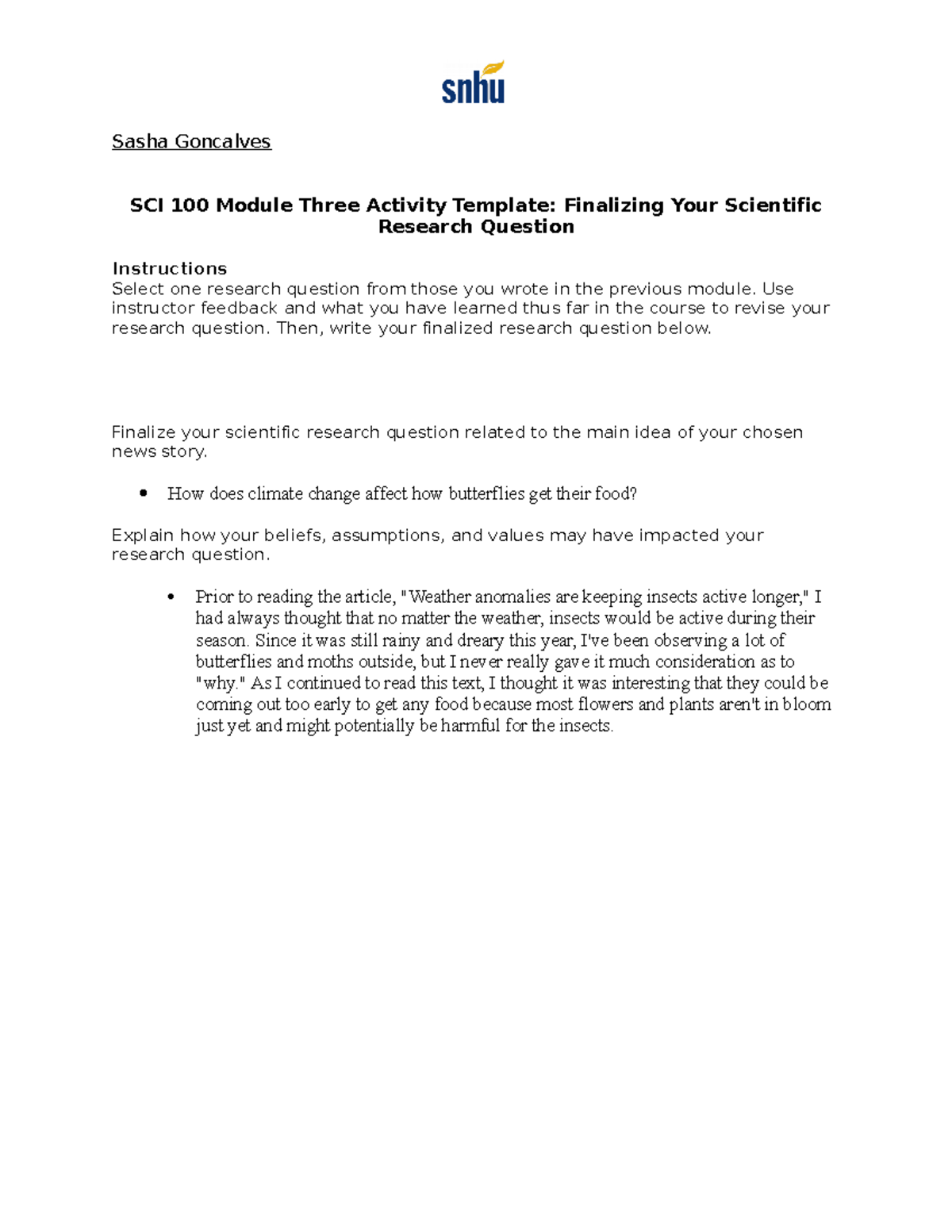 Sci 100 mod 3 act - SCI 100 - SNHU - Studocu