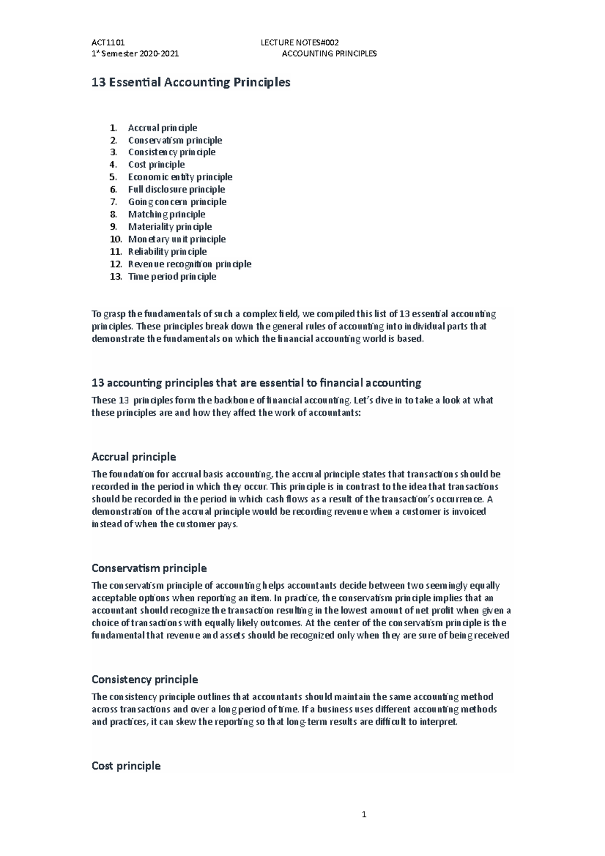 13 Essential Accounting Principles - ACT1101 LECTURE NOTES# 1 st ...