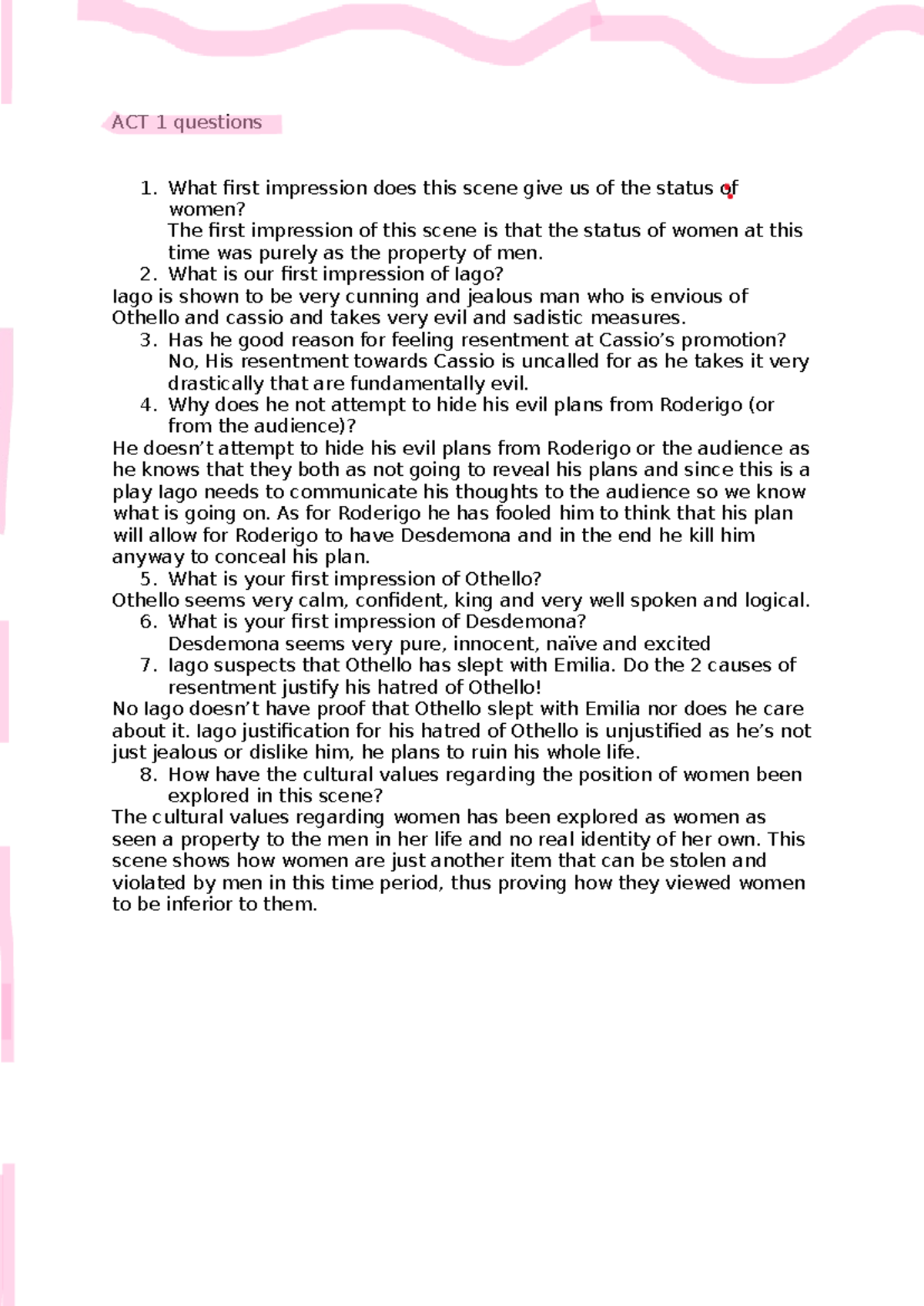 Othello act 1 questios - dfghjk, - ACT 1 questions 1. What first ...