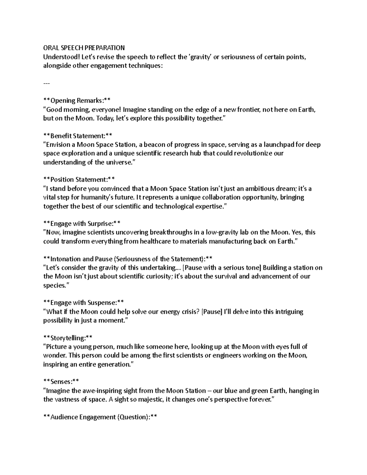 ORAL Speech Preparation - ORAL SPEECH PREPARATION Understood! Let's ...