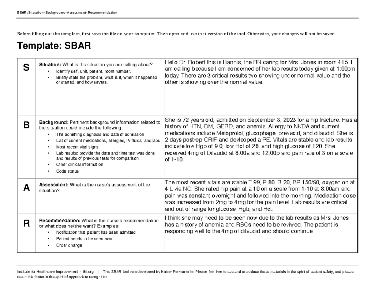 SBAR activity how to report to provider - SBAR: Situation-Backgrou n d ...