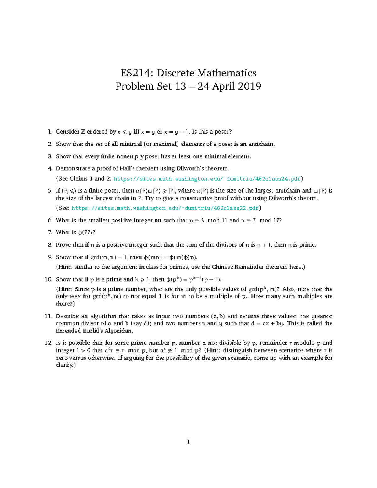 Tutorial 13 - ES214: Discrete Mathematics Problem Set 13 – 24 April 2019 1. Consider Z ordered ...