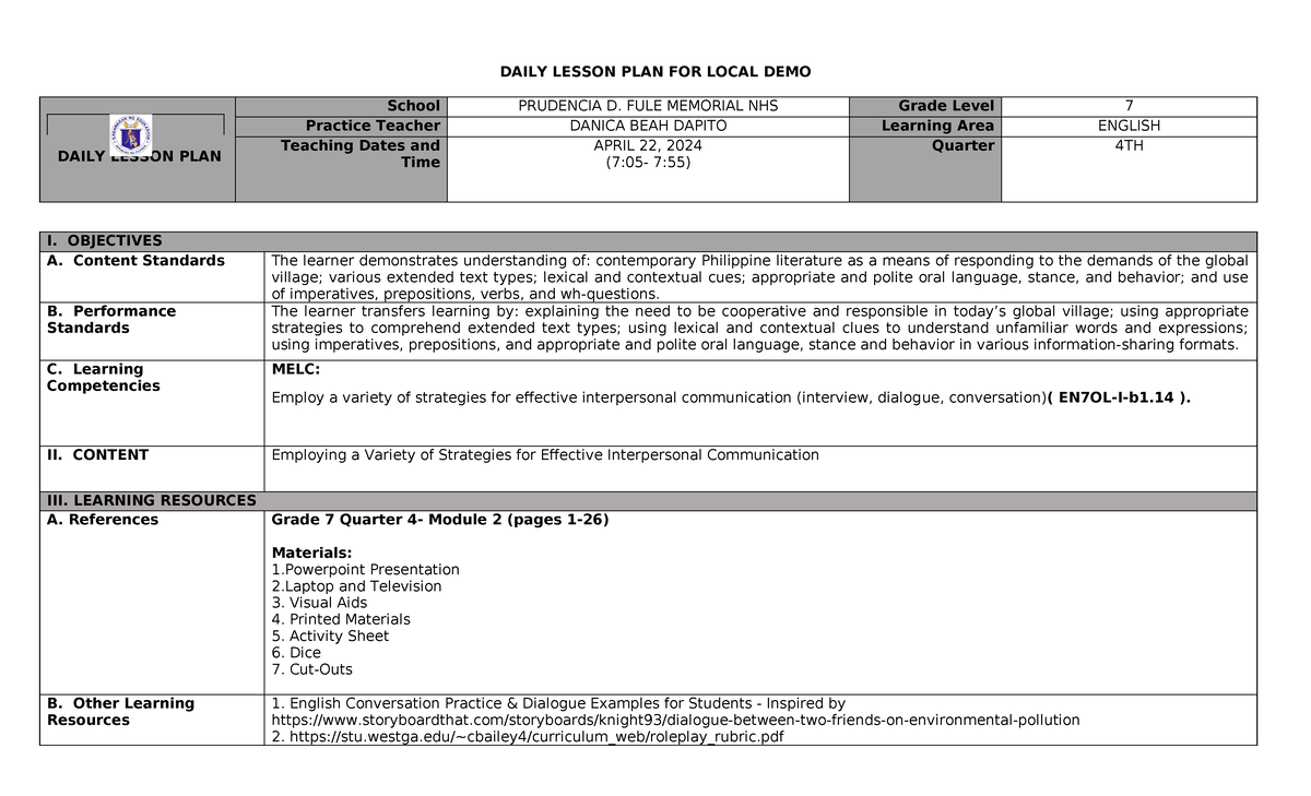 5TH Local DEMO DLP - Lesson Plan in English 7 - DAILY LESSON PLAN FOR ...