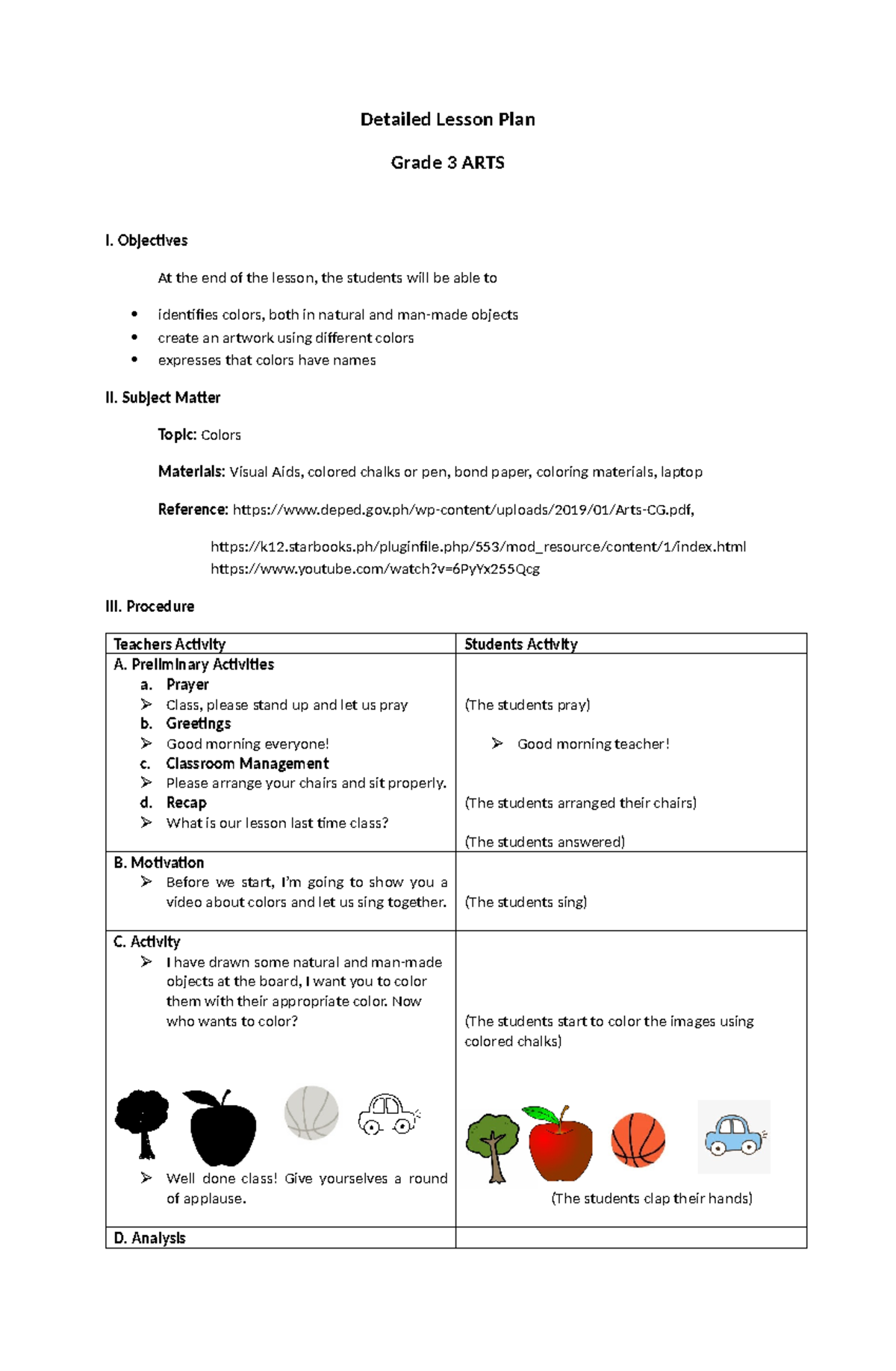 ART LP - lp in arts - Detailed Lesson Plan Grade 3 ARTS I. Objectives ...