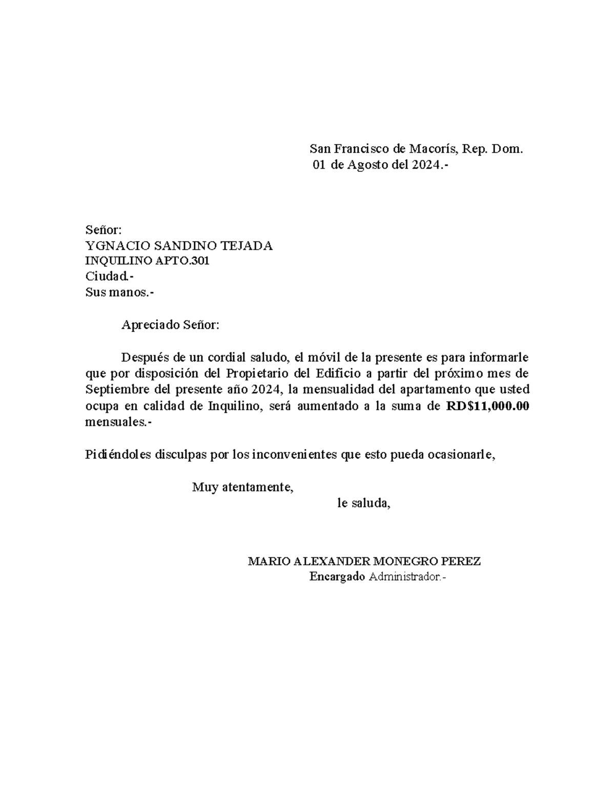 Carta Aumento Apartamentos DE Benjamin Monegro (REP. Mario) Sandino APT ...
