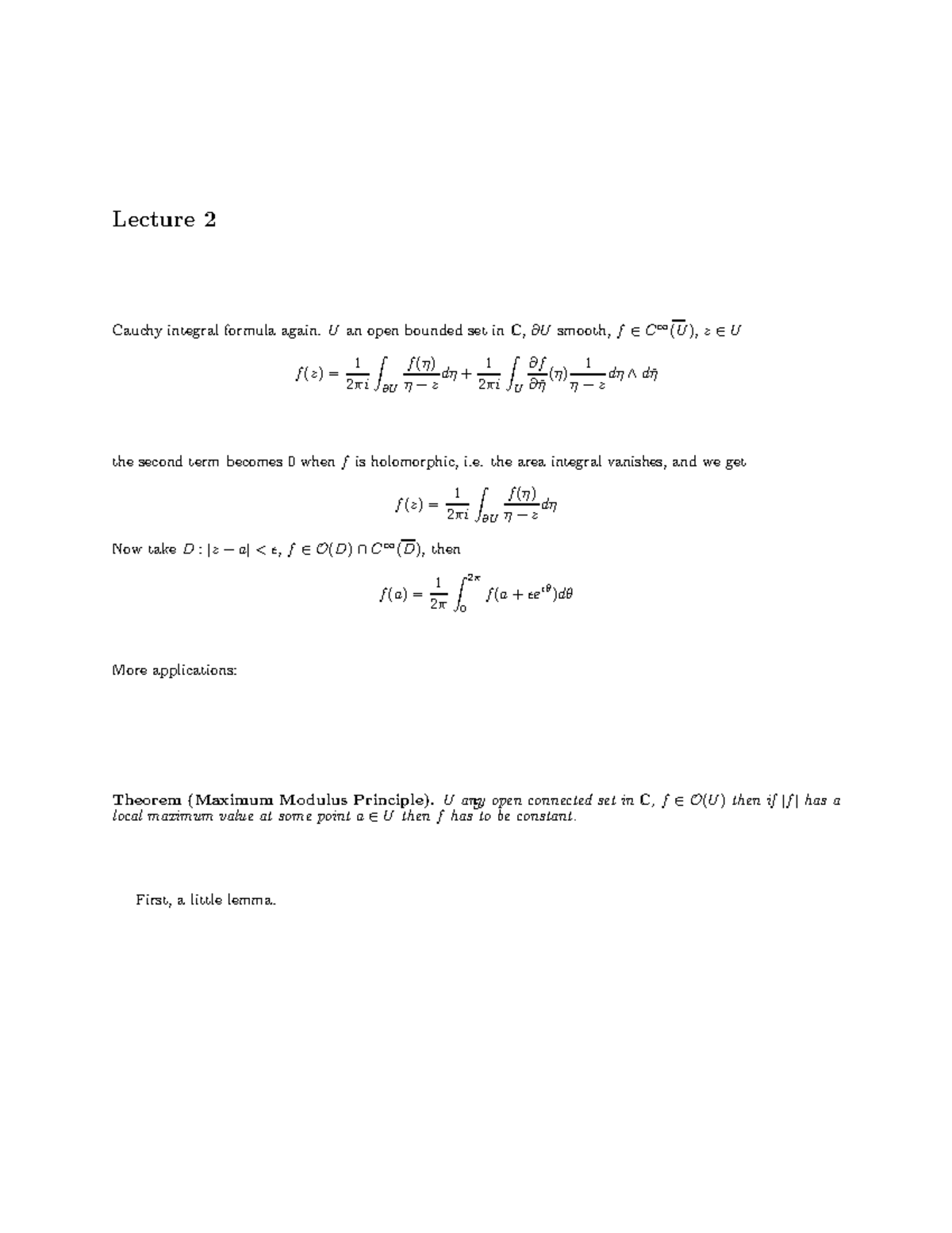 Cauchy Integral Formula (cont.), Inhomogeneous C.R. Equation, Riemann ...
