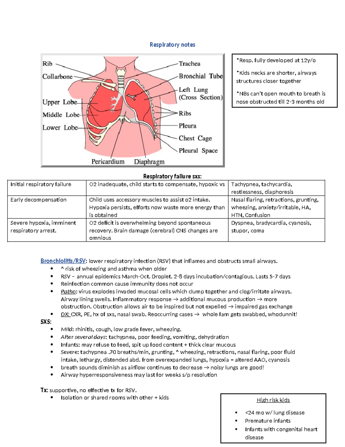 Peds - resp notes - peds - Respiratory notes Respiratory failure sxs ...