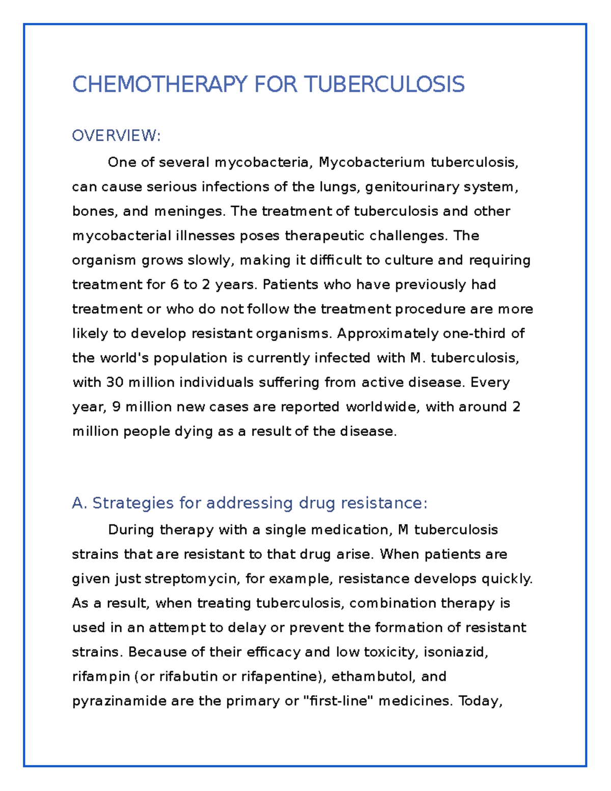 Detail NOTE ON Chemotherapy FOR Tuberculosis - CHEMOTHERAPY FOR ...
