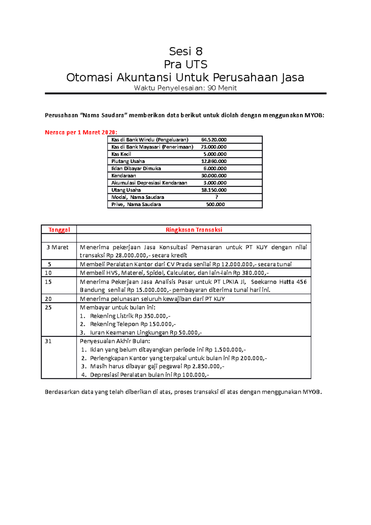 Kasus Pra UTS Sesi 8 - Sesi 8 Pra UTS Otomasi Akuntansi Untuk Perusahaan Jasa Waktu Penyelesaian ...