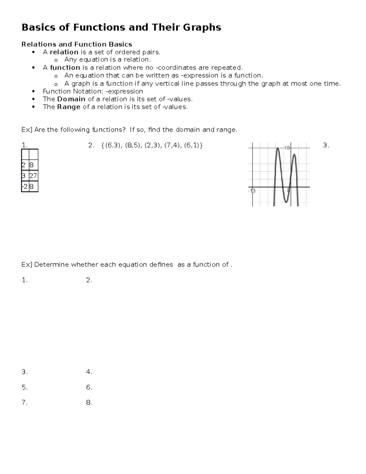 Math 2412 Unit 1 Notes (1 - Basics of Functions and Their Graphs ...