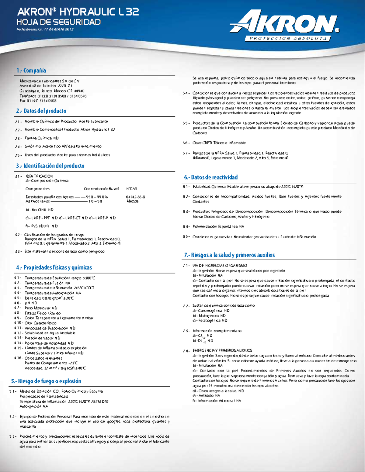 Akron Hydraulic L 32 Akron Hydraulic L 3 - Fecha de emisión: 17 de ...