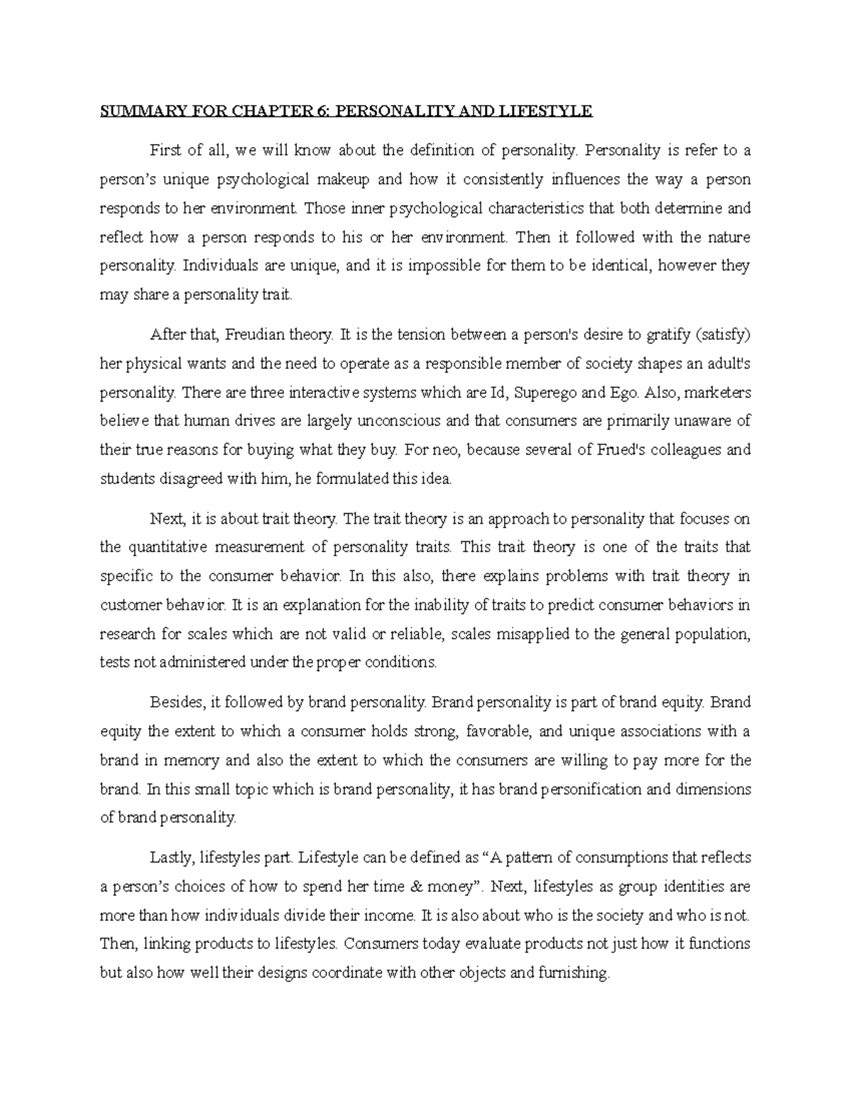 Summary FOR Chapter 6 - SUMMARY FOR CHAPTER 6: PERSONALITY AND ...