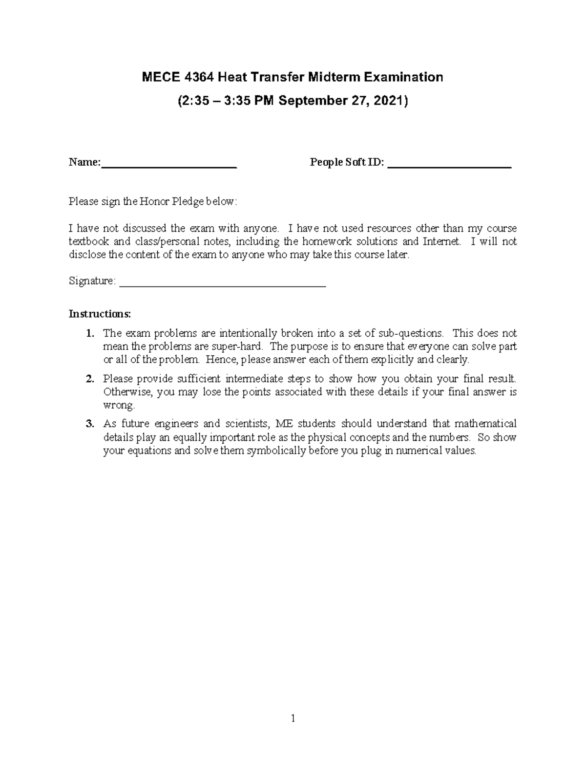 Pt1 Sample Exam - Heat transfer fall2022 - 1 MECE 4364 Heat Transfer ...