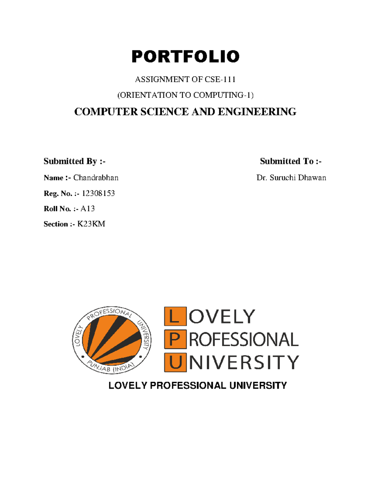 Cse111 Portfolio Assignment Of Cse 111 Orientation To Computing 1 Computer Science And