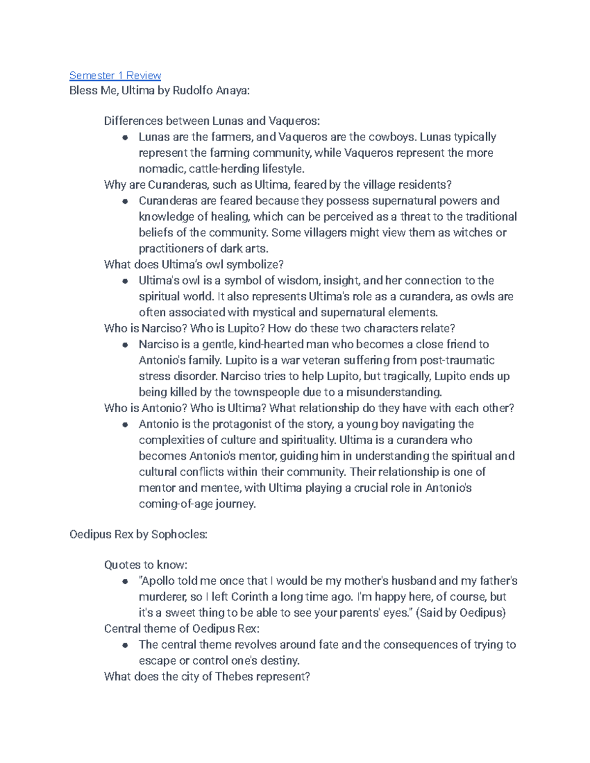 Semester 1 Review English - Semester 1 Review Bless Me, Ultima by ...