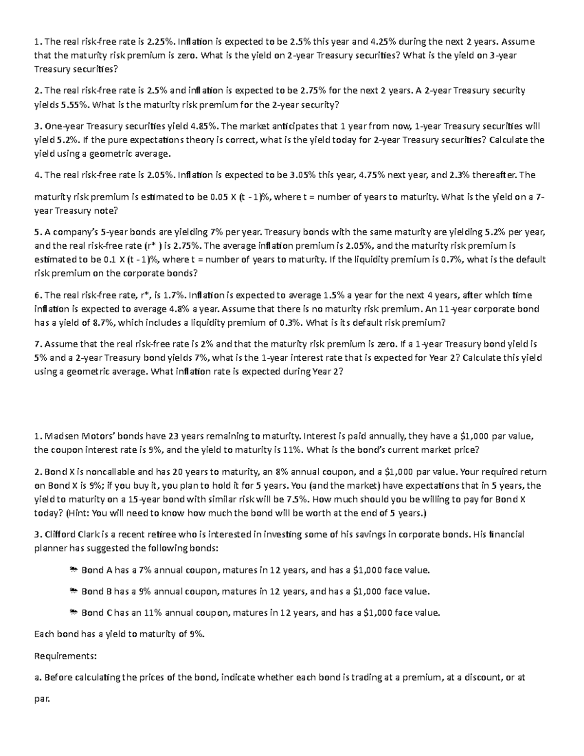 Practice Questions 4 - The real risk-free rate is 2%. Inflation is ...