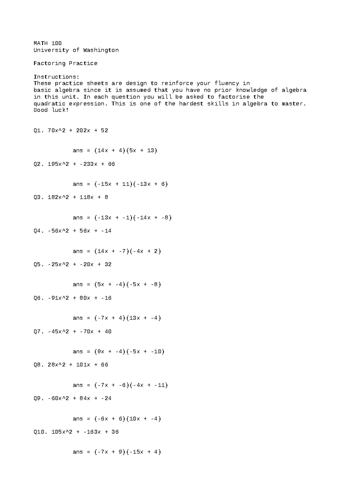 MATH100 factoring quadratics practice worksheet 29 - MATH 100 ...