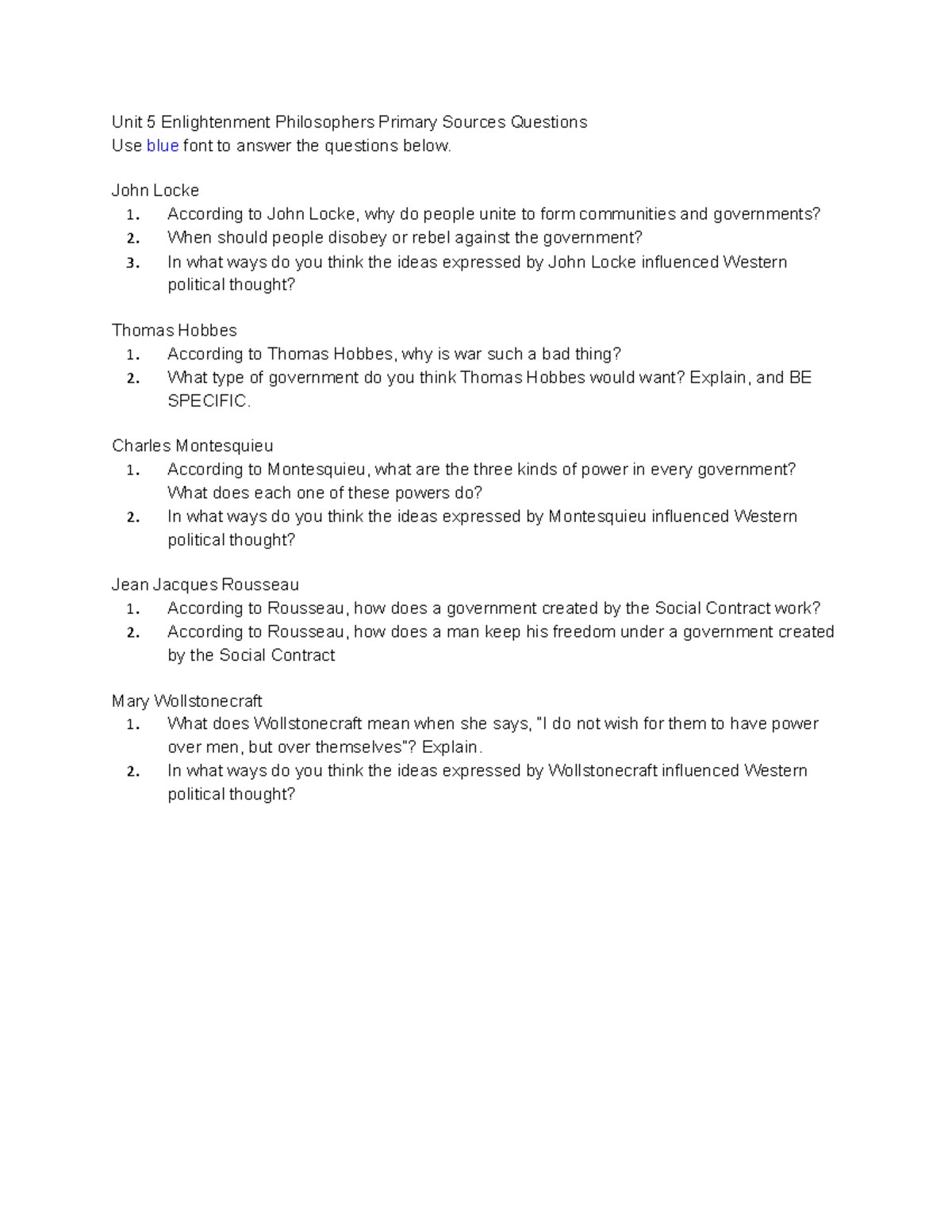 Unit 5 Enlightenment Philosophers Primary Sources Questions - John ...