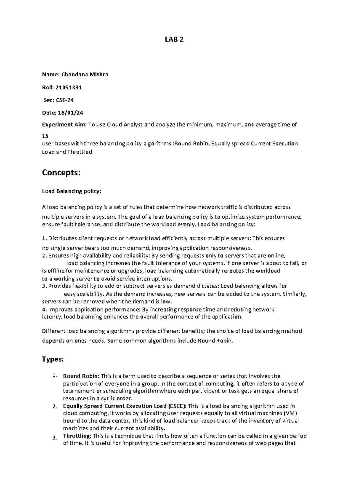 Cloud Computing Lab 2.pdf - Types: LAB 2 1. 2. 3. Name: Chandana Mishra Roll: 21051391 Sec: CSE ...