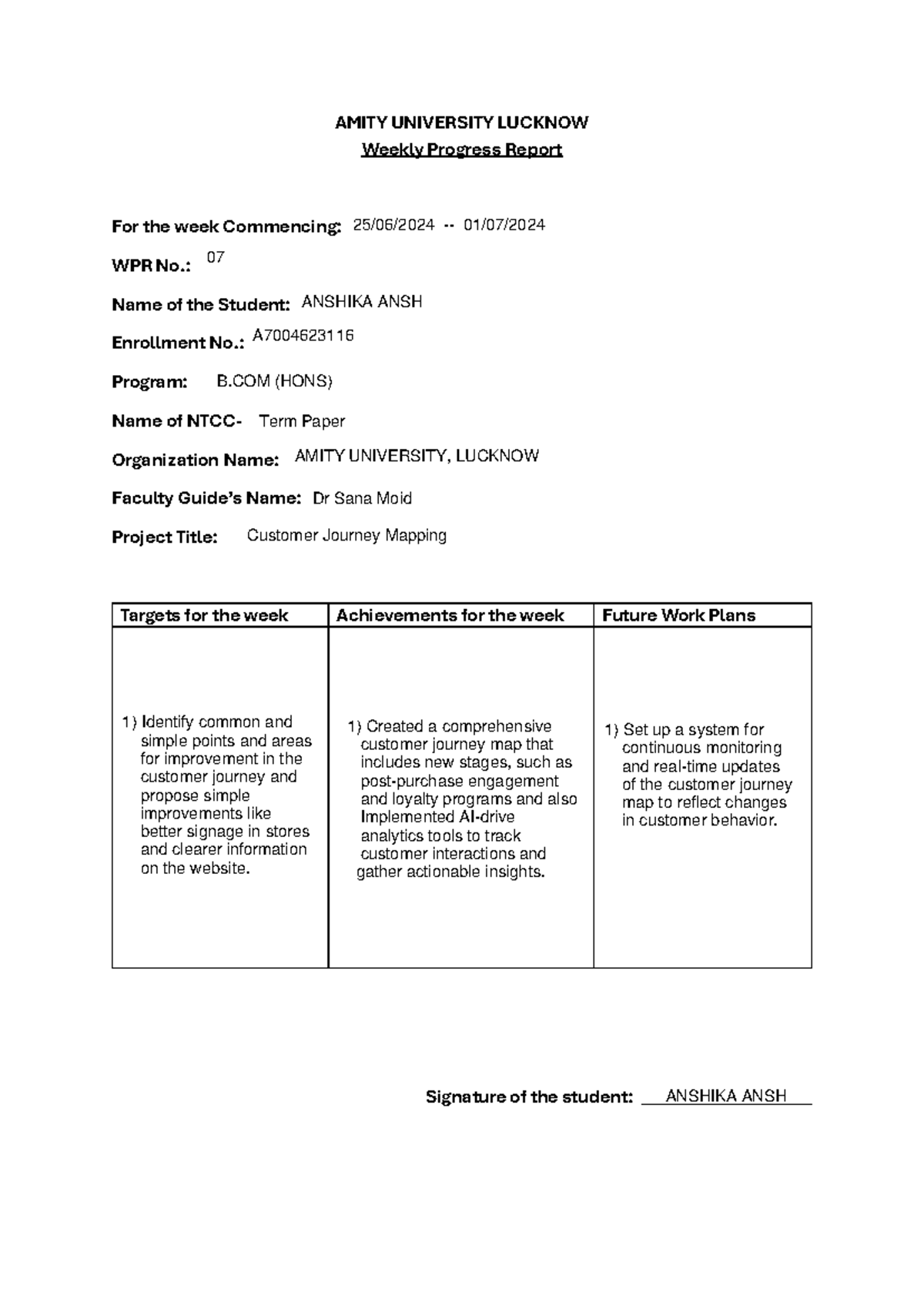 WPR - wpr report - bachelors of commerce - AMITY UNIVERSITY LUCKNOW ...