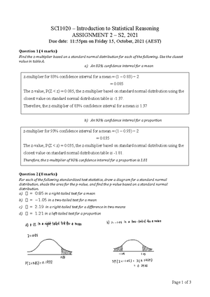 sci1020 assignment 1 solution - SCI1020 S2 20 20 ASSIGNMENT 1 SOLUTION Q a) Mean = 4 Median = 3 ...