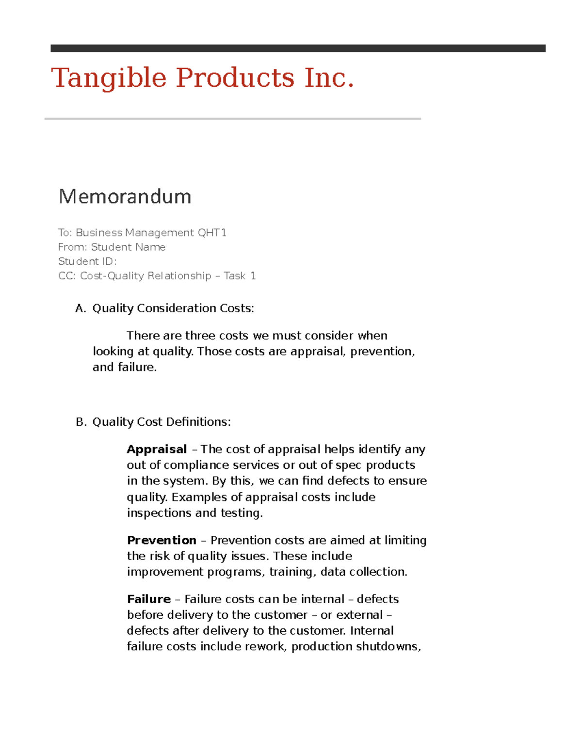 QHT1 Cost Quality Relationship Task 1 - Tangible Products Inc ...