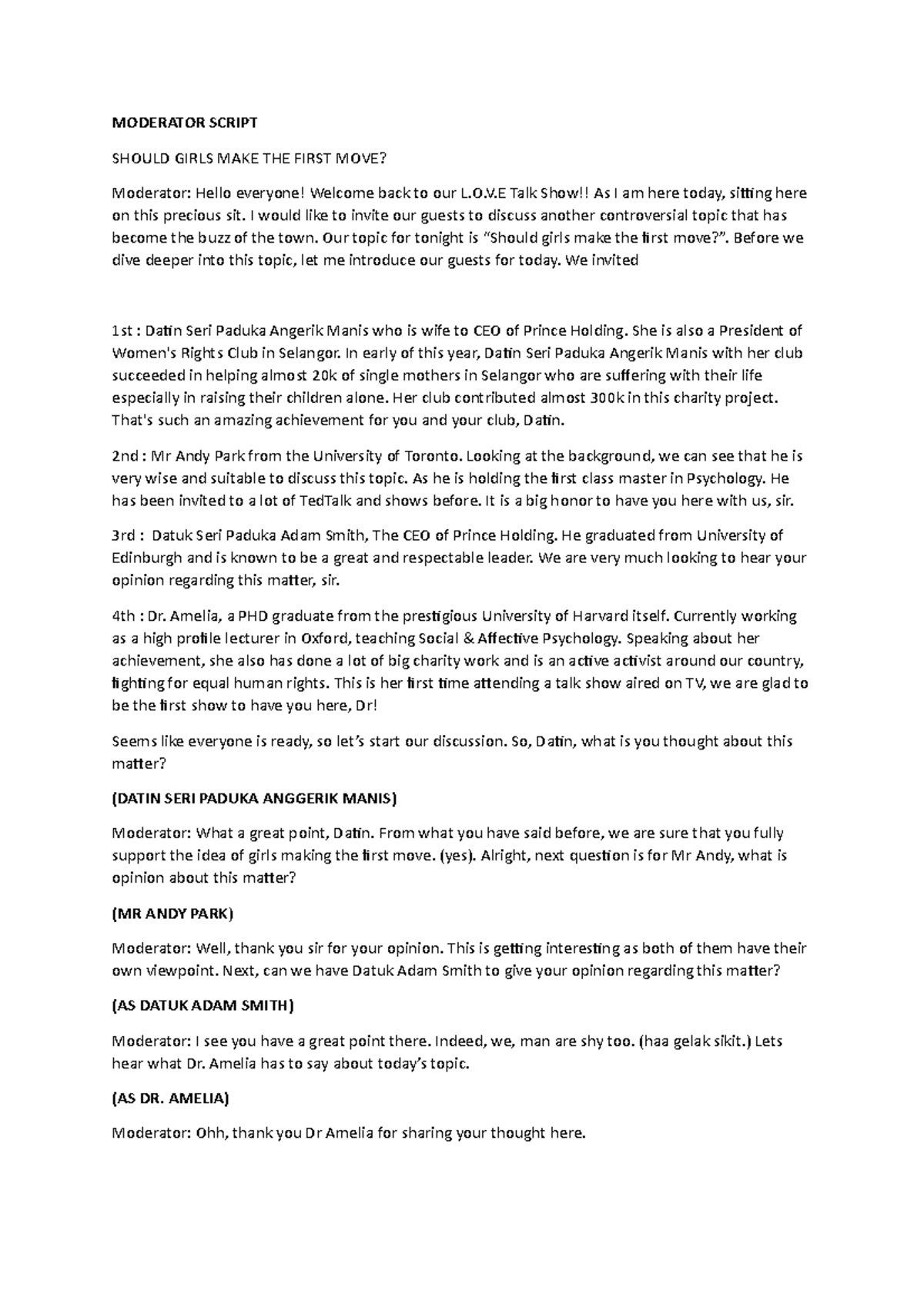 Script Moderator - MODERATOR SCRIPT SHOULD GIRLS MAKE THE FIRST MOVE ...