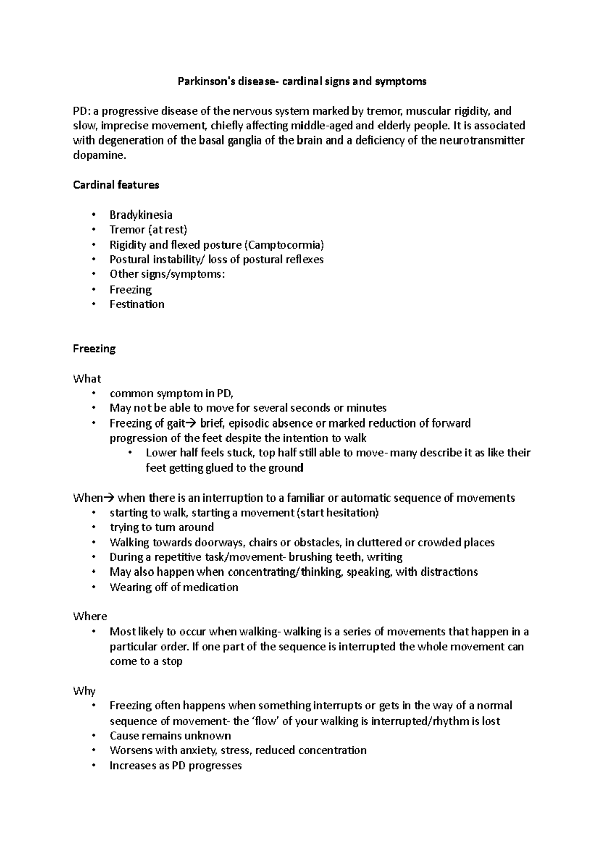MCC Parkinson's disease- cardinal signs and symptoms - It is associated ...