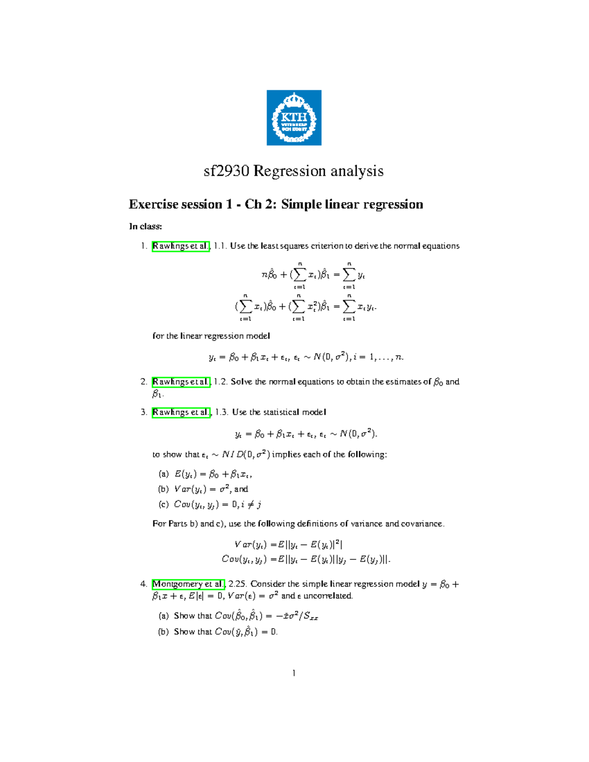 Exercise 1-3 merged - sf2930 Regression analysis Exercise session 1 - Ch 2: Simple linear ...