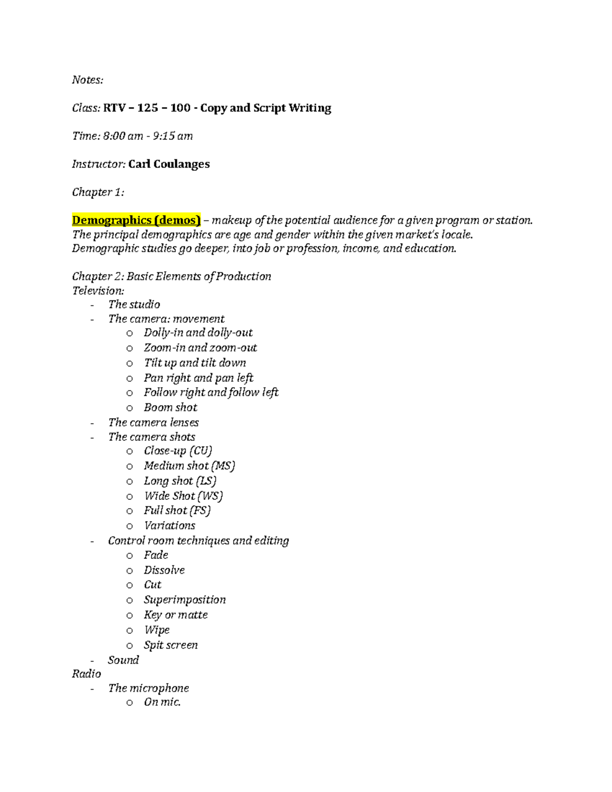 Notes Copy and Script Writing Fall 2018 - Notes: Class: RTV 125 100 ...