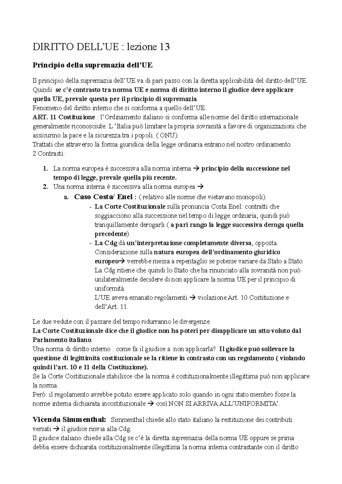 Lezione 13 - appunti ultime lezioni - DIRITTO DELL’UE : lezione 13 ...