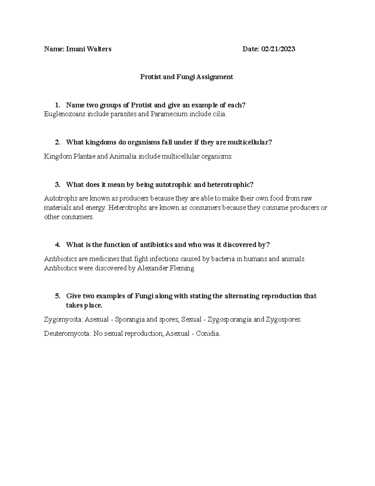 Protist and fungi assignment BIOL 112 - Name: Imani Walters Date: 02/21 ...