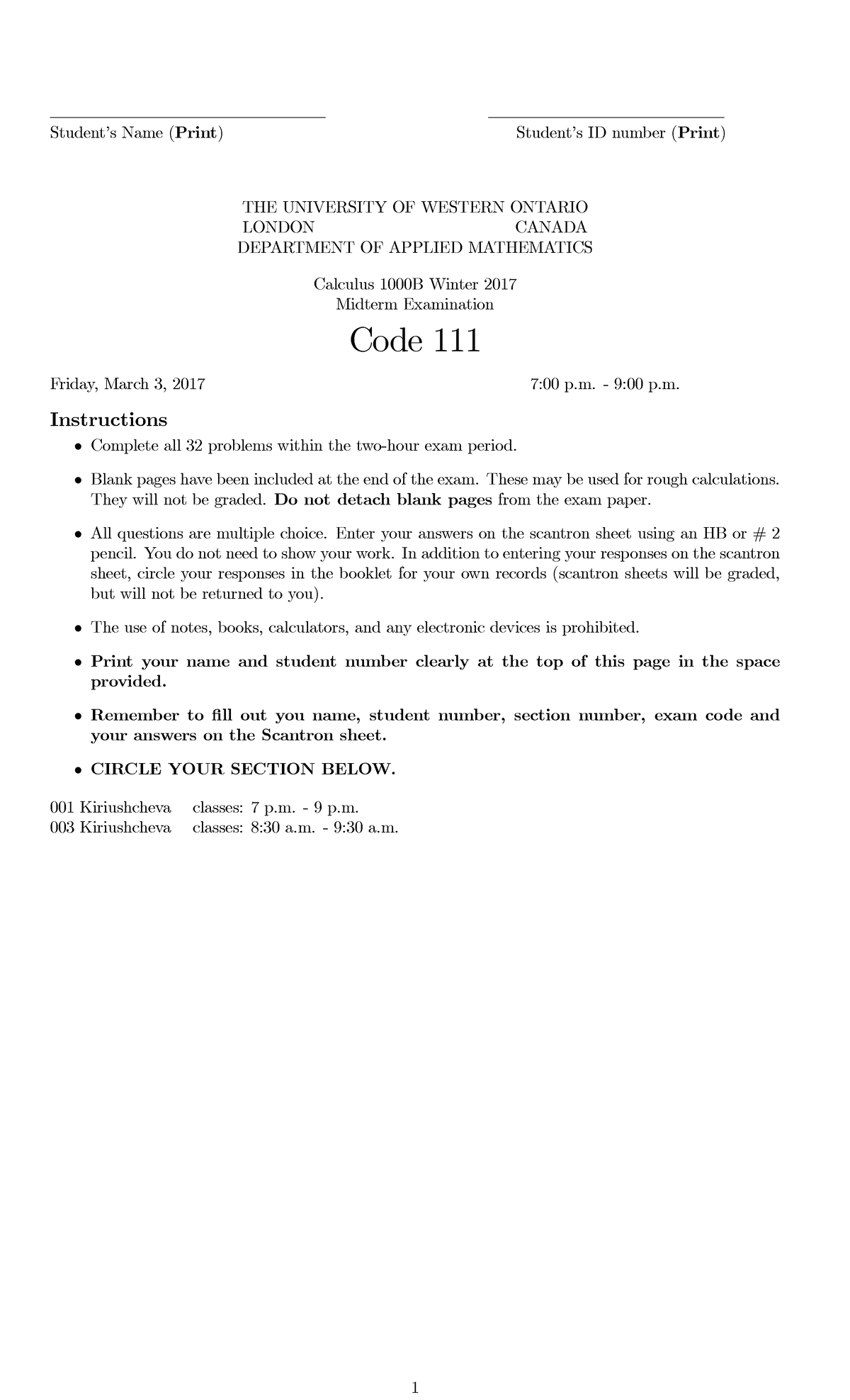 Calculus 1000b midterm 2017 code111corr - Studentís Name (Print ...