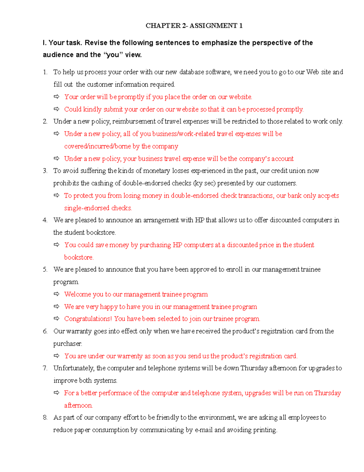 Chapter 2 Assignment 1 1 - CHAPTER 2- ASSIGNMENT 1 I. Your task. Revise ...