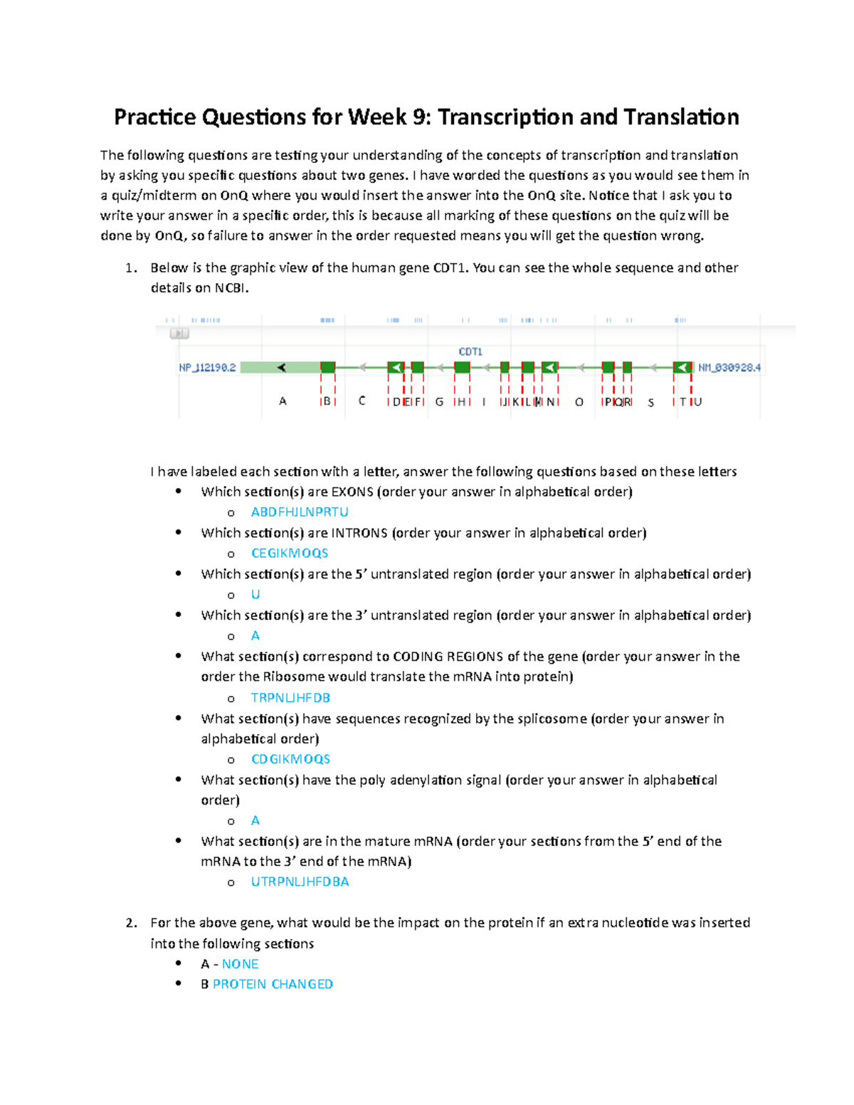 Practice Questions for Week 9 Transcription and Translation - Practice ...