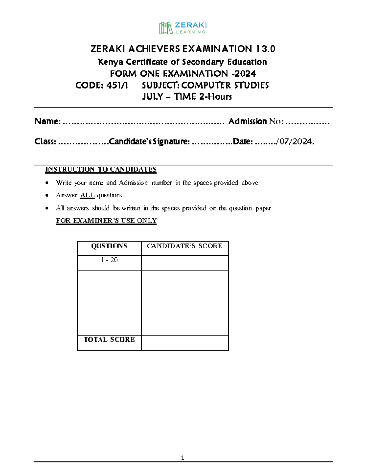 Computer Studies - Question paper - ZERAKI ACHIEVERS EXAMINATION 13 ...